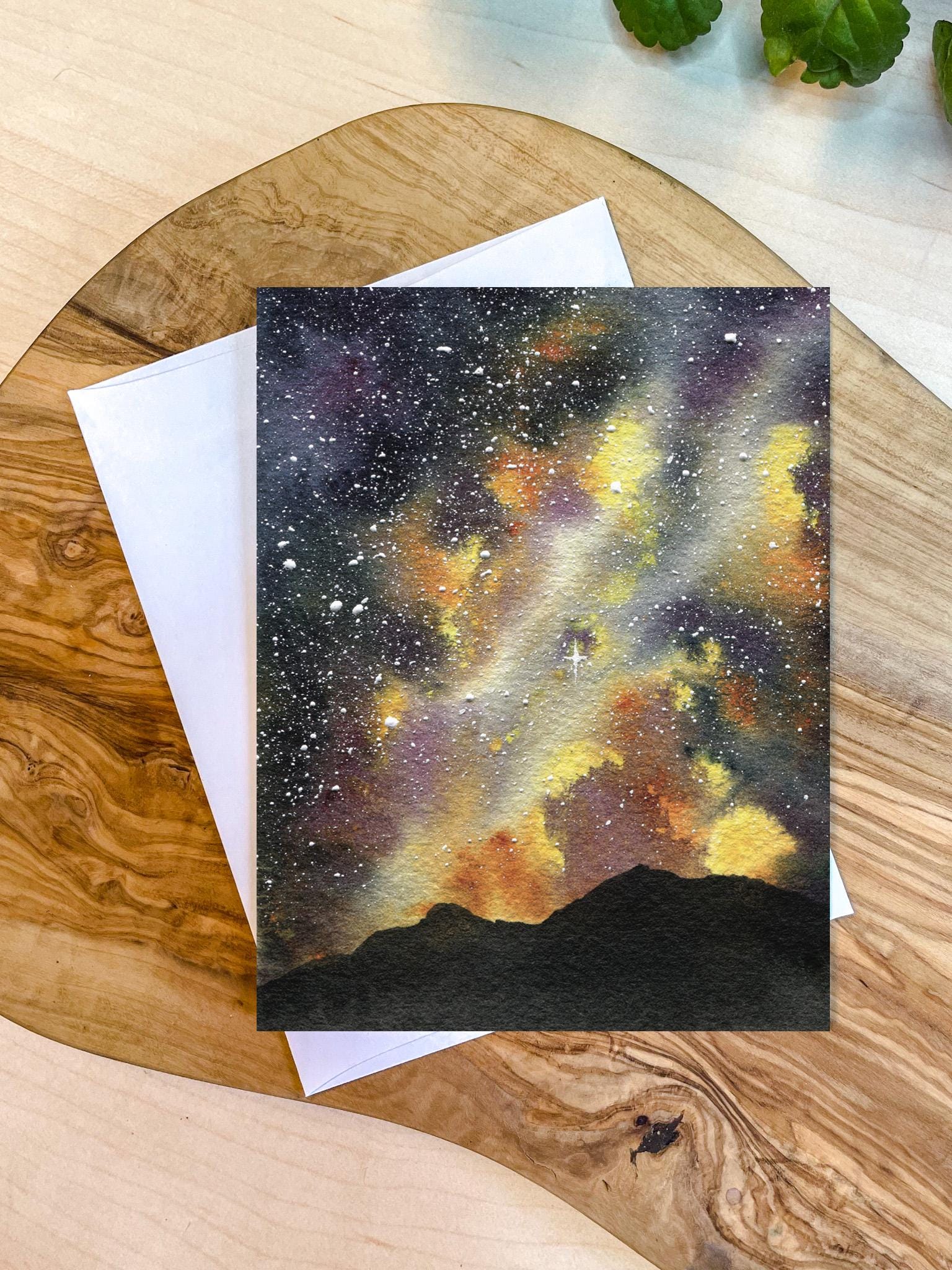 Milky Way Celestial Mountain Card | Watercolor Landscape Art | Blank I ...